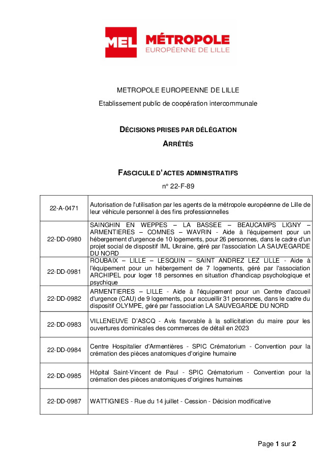 Fascicule N°89 du 22 décembre 2022 (.pdf) | Métropole européenne de Lille